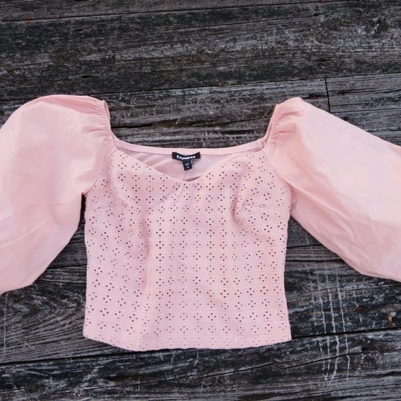 Express | Tops | Express Light Pink Peach Eyelet Puff Sleeve Crop Top ...